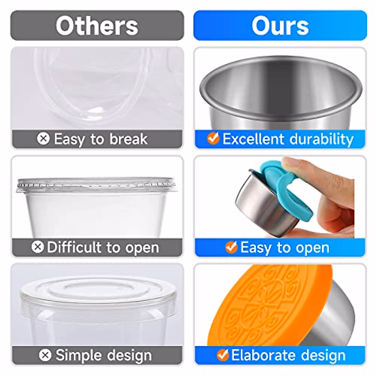 6 Pack 1.6 OZ Salad Dressing Containers To Go, Advanced Stainless Steel Condiment Containers with Silicone Lids Easy to Open, Leakproof colorful Compact Salad Sauce Cups Easy to Carry Everyday