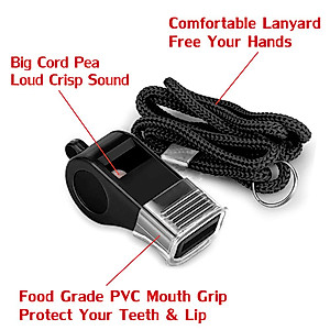Hipat Whistle, 2 Packs Sports Whistles with Lanyard & Mouth Grip, Loud Crisp Sound, Black Plastic Whistles Ideal for Coaches, Referees, and Officials