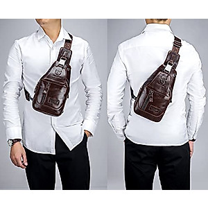 BULLCAPTAIN Genuine Leather Sling Chest Bag Multi-pockets Men Crossbody Bag Travel Casual Small Shoulder Backpack (Dark brown)