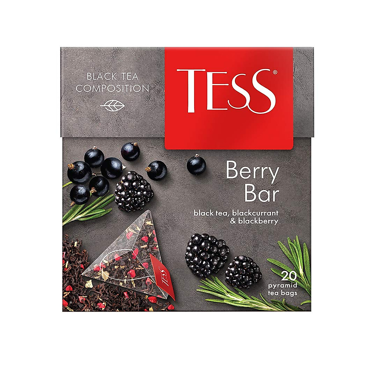 Tess Berry Bar Black Tea Composition Blackcurrant and Blackberry Leaf Tea in 20 Pyramid Sachets