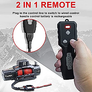 RUGCEL 13500lb Waterproof Electric Red Synthetic Rope Winch with Hawse Fairlead, Wired Handle and 2 Wireless Remote (TANK13500 RED)