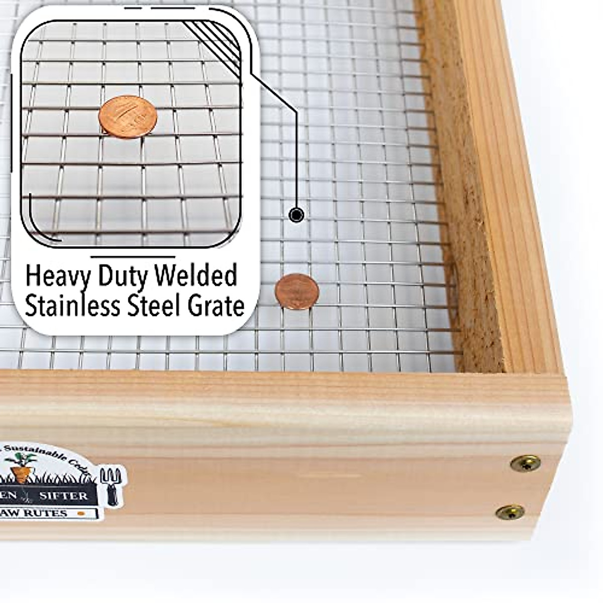 Raw Rutes Cedar Garden Sifter for Compost, Dirt and Potting Soil - Made in The USA - Sustainable Cedar - Heavy Duty Stainless Grate (Hand Held Garden Sifter)