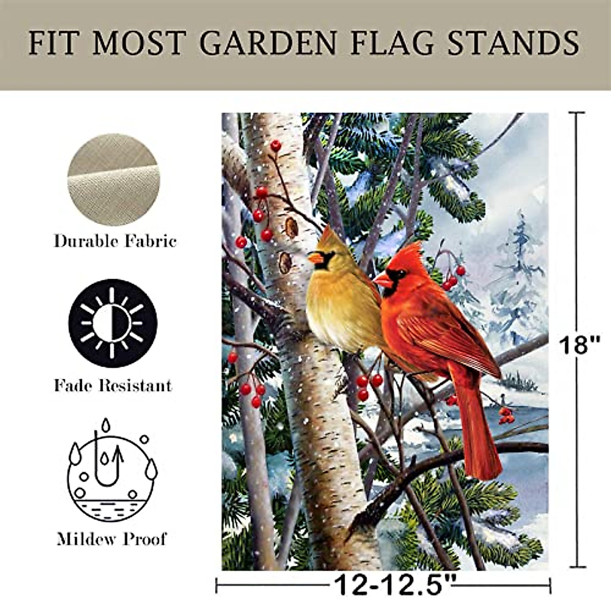 Artofy Winter Welcome Decorative Small Garden Flag Cardinal Red Yellow Birds, House Yard Pine Tree Branches Berry Outside Decor, Christmas Home Outdoor Burlap Farmhouse Decoration Double Sided 12 x 18