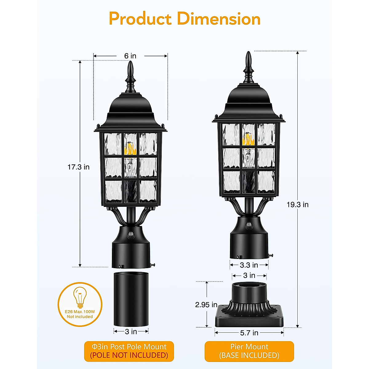 VIANIS Dusk to Dawn Outdoor Post Lights with 3-inch Pier Mount Base, 19.3" Exterior Post Lantern Fixture with Tempered Glass, Anti-Rust Die-Cast Aluminum Light Posts for Outside, Matte Black Lampost