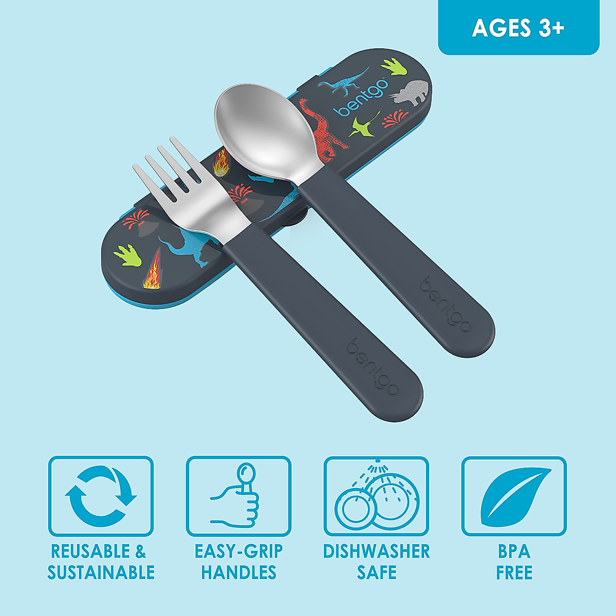 Bentgo® Kids Stainless Steel Utensil Set - Reusable Fork, Spoon & Storage Case - High-Grade BPA-Free Stainless Steel, Easy-Grip Handles, Dishwasher Safe for School Lunch, Travel & Outdoors (Dinosaur)