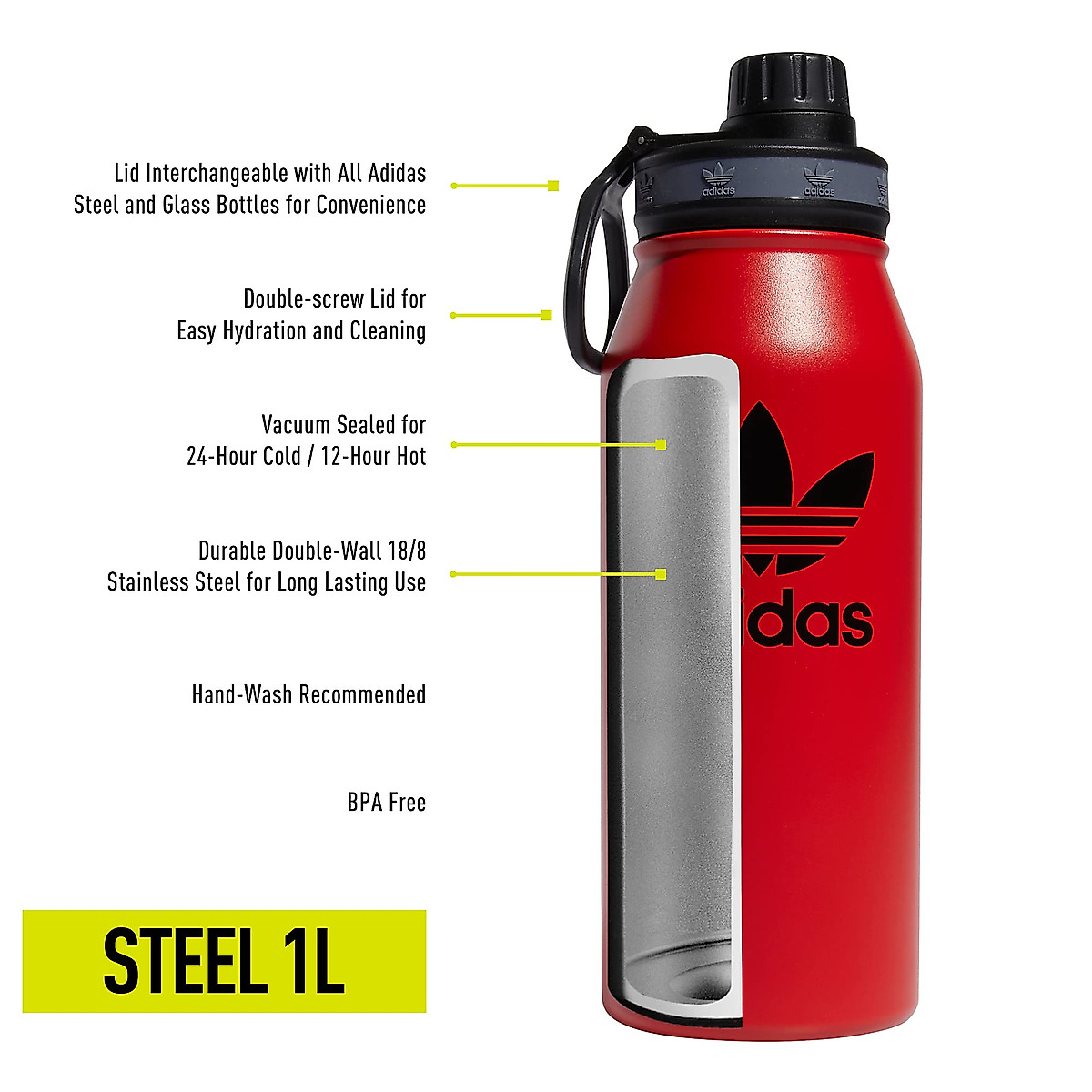 adidas Originals 1 Liter (32 Oz) Metal Water Bottle, Hot/Cold Double-Walled Insulated 18/8 Stainless Steel, Better Scarlet/Black/Onix Grey, One Size