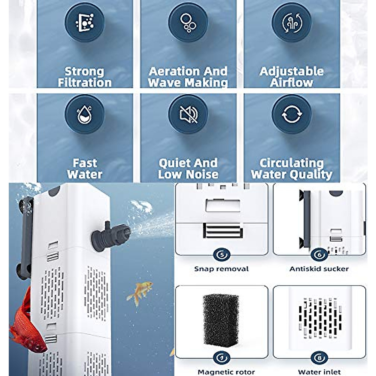 Ultra Quiet Fish Tank Filter 4-in-1 Internal Aquarium Filter,500-1800L/H Submersible Water Filter Pump Multifunctional Filter Water Pump for Betta, Turtle, Pond Fish, Garden. (15W 267GPH (1000L/h))