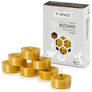 PARNOO 100% Natural Yellow Beeswax Tealight Candles in Clear Plastic Cups, 4 Hours Burn time - Pack of 24