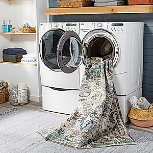 Hauteloom Cabacungan Traditional Persian Medallion Living Room Bedroom Area Rug - Machine Washable Distressed Carpet - Bohemian Oriental - Easy to Clean - Blue, Grey, Beige - 6'7" x 9'