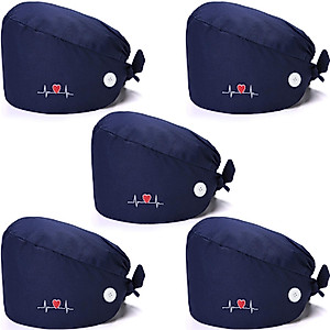 SATINIOR Womens 5 Pieces Bouffant Buttons Sweatband Adjustable Tie Back Cap, Navy Blue, Medium