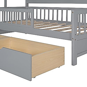 Harper & Bright Designs Twin House Bed with 2 Drawers, Wood Kids Bed Frame with Storage Shelf, Twin Size Montessori House Bed with Rails for Kids Girls, Boys,No Box Spring Needed,Grey