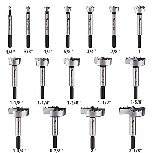 Vearter Forstner Bit Set, 1/4-2-1/8inch 16pcs with 3/8 Hex Shank,Multi Sided Shank Wood Drill bit Hole Saw Kit