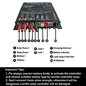 HUINETUL 10A IP68 Waterproof Solar Charge Controller Lithium Ion Lifepo4 Lead Acid Battery 12V 24V PWM Charge Controller with IR Remote Control for 24hrs Dust to Dawn Timer