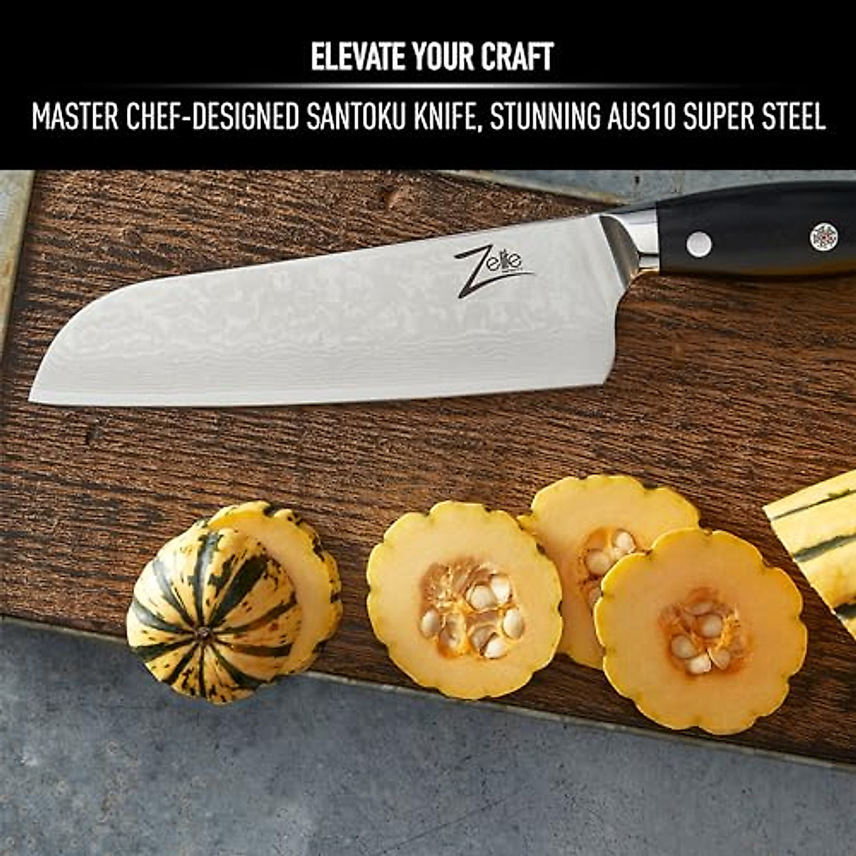 Zelite Infinity 7 Inch Santoku Knife - Japanese Chef Knife with Deep 53mm Blade; Japanese AUS-10 Super Steel 45-Layer Damascus Kitchen Knife with Tsunami Rose Damascus Pattern - Luxurious Gift Box