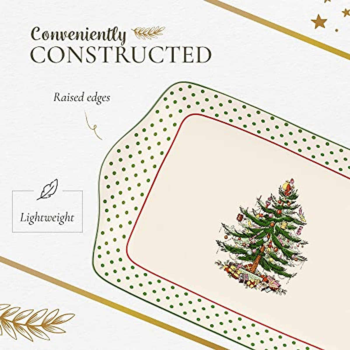 Spode Christmas Tree Collection Dessert Tray, Polka Dot Design, Serving Platter for Dessert and Side Dishes, Measures at 12-Inches, Dishwasher and Microwave Safe