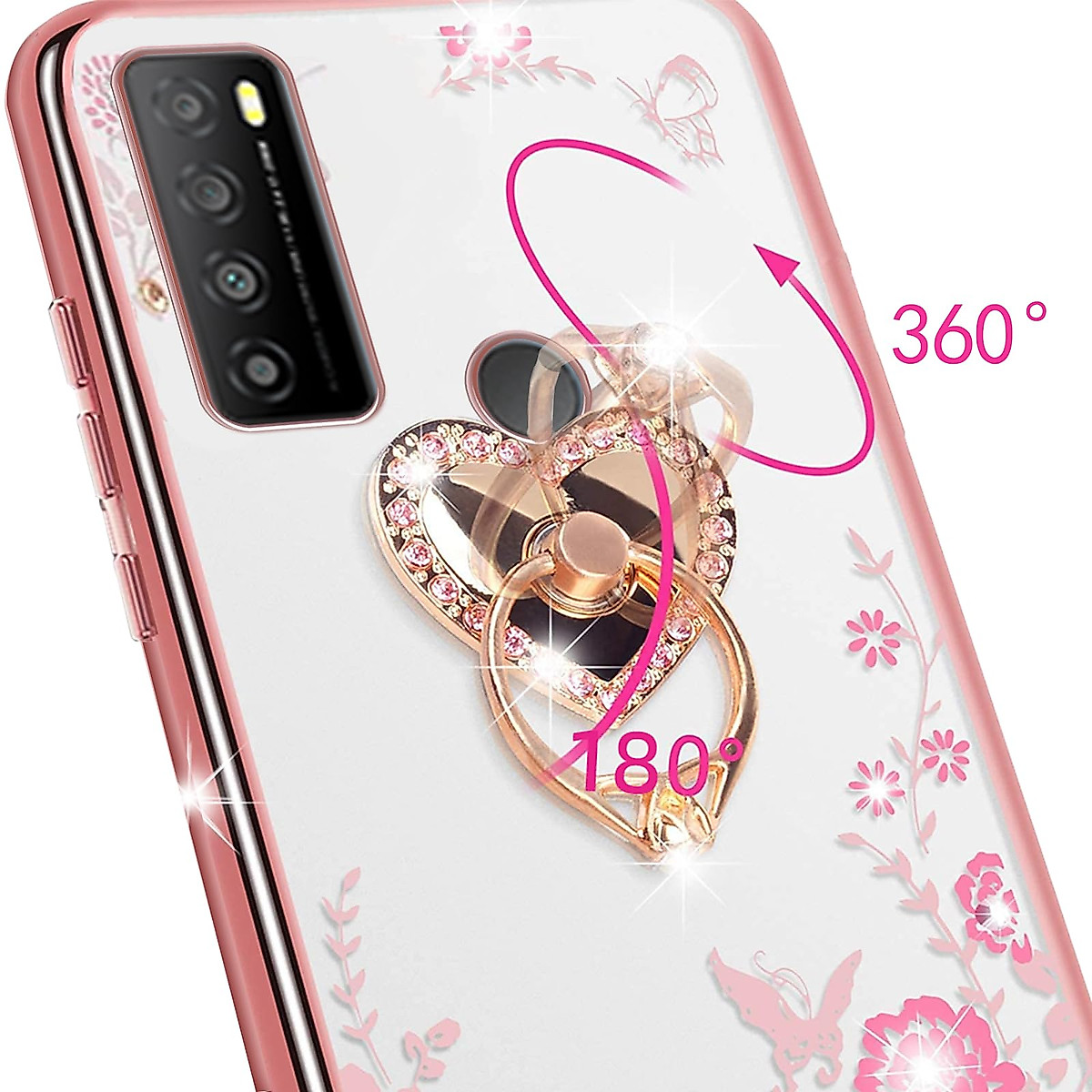 KuDiNi for TCL 30 XL Phone Case, 30XL T701DL Case for Women Glitter Crystal Soft Bling Butterfly Heart Floral Clear Protective Cover with Kickstand+Strap for TCL 30 XL 30XL (Rose Gold)