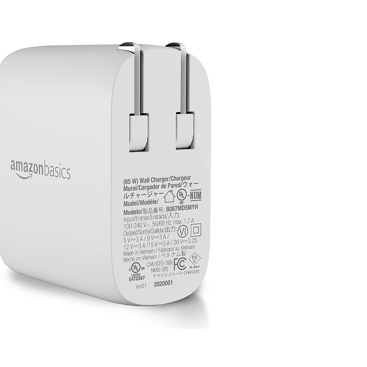 Amazon Basics 65W One-Port GaN USB-C Wall Charger with Power Delivery PD for Laptops,Tablets & Phones (iPhone 15/14/13/12/11/X, iPad, MacPro, Samsung, and more), non-PPS, White