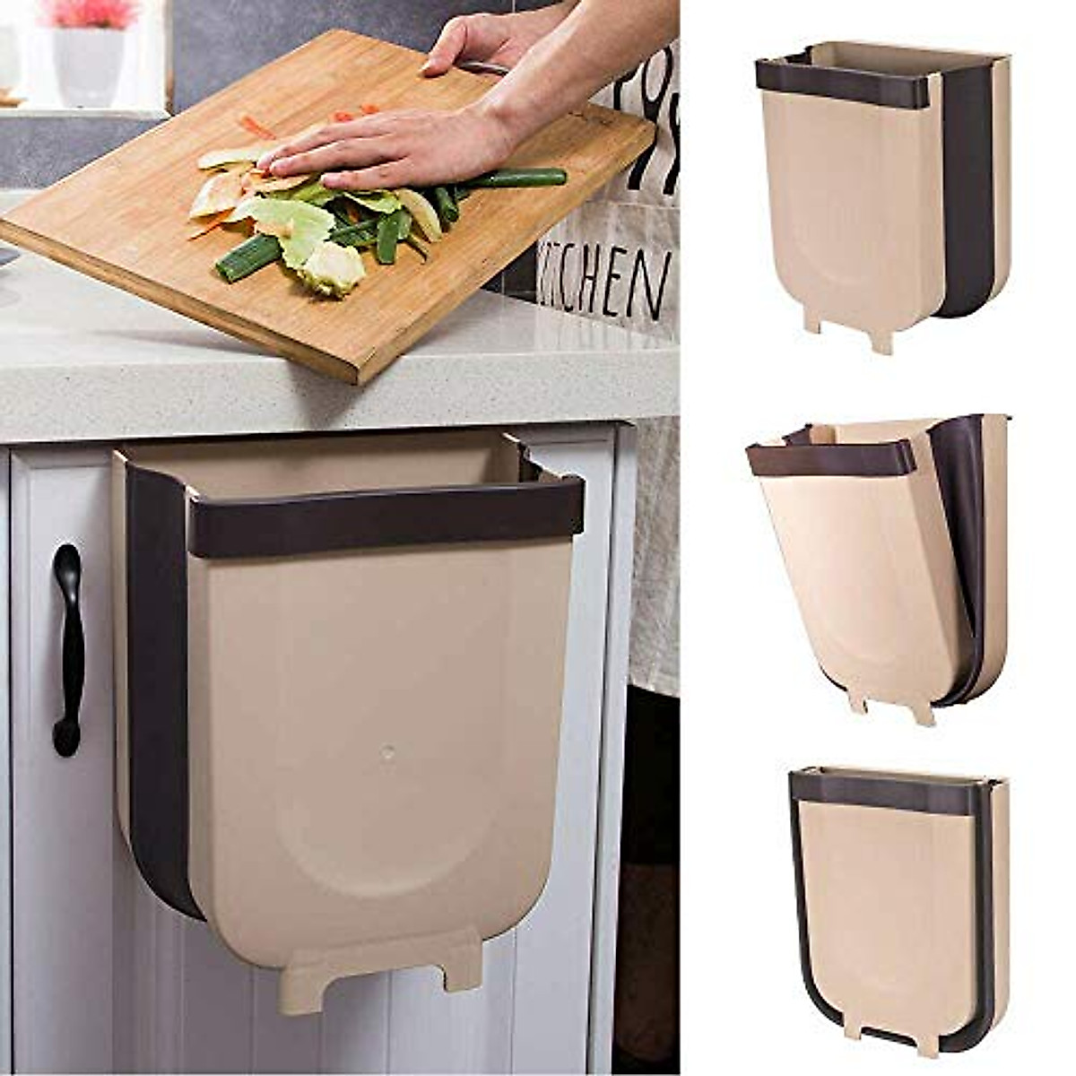 Creative Trash Bin Folding Waste Bins Kitchen Garbage Bin Fruits Vegetable Rubbish Container Foldable Car Trash Can Wall Mounted Door Hanging Trash Can Bathroom Waste Storage Bucket Organizer (Brown)