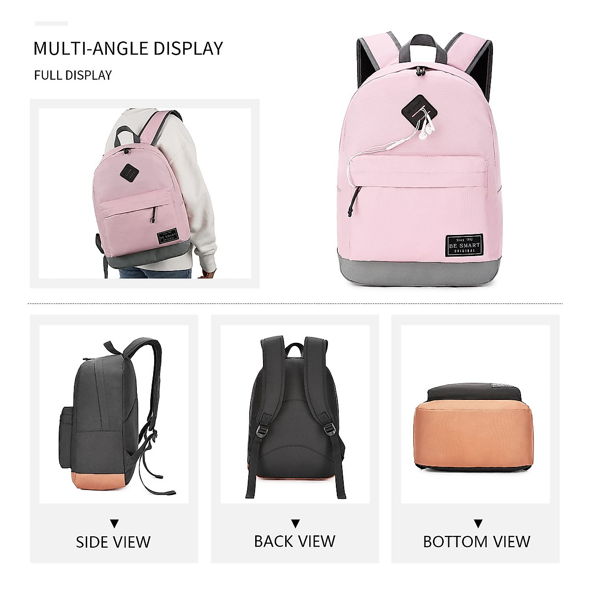 BE SMART Lightweight School Backpack Casual Large Daypack fits 13.5" Laptop, Outdoor Sports Rucksack Kids Book bag for Work,Travel,Daily Use,Mummy bag, suit for Men & Woman,20L