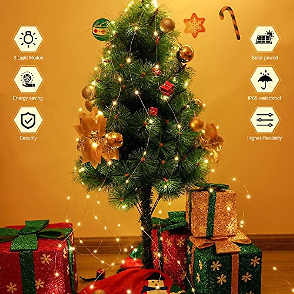 2 Pack Solar Fairy Lights Outdoor, 39.37ft 120 LED 8 Modes Warm White Solar String Lights Waterproof, Copper Wire Lights for DIY Decoration Garden Party Wedding Patio Yard