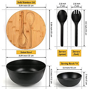 ShineMe Salad Bowls, Large Salad Bowl with Lid and Servers, Bamboo Salad Bowl Set with 4Pack Small Serving Bowls, 9.8inches Solid Kitchen Bowl for Fruits, Vegetables and Pasta...(Black)