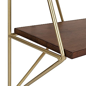 Kate and Laurel Melita Decorative Mid-Century Modern Two-Tier Floating Wall Shelf with Gold Frame and Solid Wood, Walnut Finish