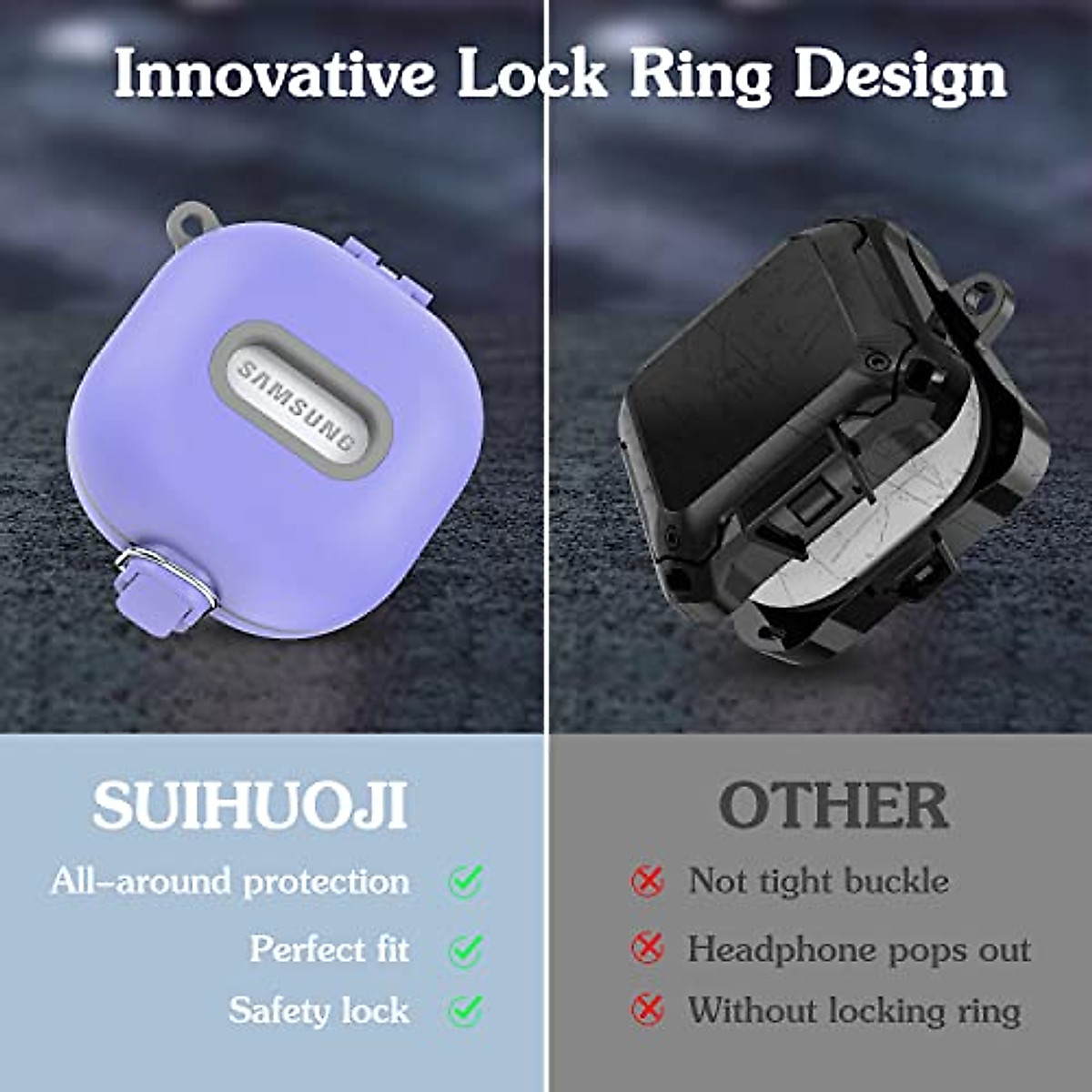 QIUDAOY 3in1 with Lock for Samsung Galaxy Buds Pro 2 Case/Galaxy Buds Pro Case/Galaxy Buds 2 Case/Galaxy Buds Live Case,One-piece Hard Shell Protective Cover with Lanyard/Keychain Accessories (Purple)