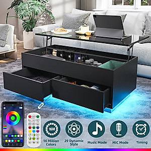 HOMMPA 40'' Lift Top Coffee Table, Black Coffee Tables with Storage for Living Room, LED Modern Coffee Table, Flip Top Center Table with 2 Drawers & Hidden Compartment, Lift Up Wooden Coffee Table