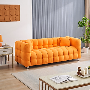 Dolonm Modern Sofa Couch with Metal Legs Upholstered Tufted 3 Seater Couch with 2 Pillows Decor Furniture for Living Room, Bedroom, Office, 80 Inch Wide(Orange-Teddy)