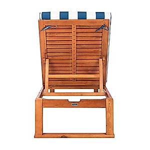 SAFAVIEH Outdoor Collection Solano Natural Wood/ Navy Stripe Cushion Patio Backyard Chaise Lounger Chair