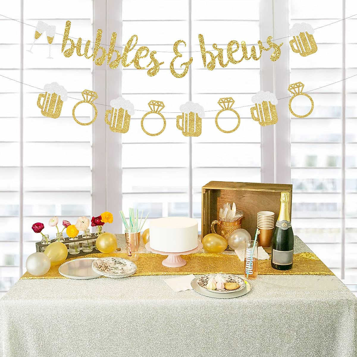 Sursurprise Gold Glitter Bubbles & Brews Banner, Beer Diamond Ring Garland, Bubbly Bar Sign for Funny Engagement Party Decorations Bridal Shower Wedding Bachelorette Supplies