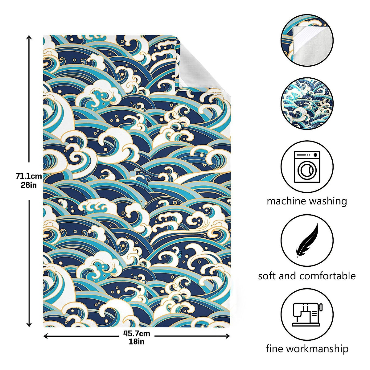 sletend Kitchen Towels or Tea Towels Japanese Style Sea Wave 28x18in Polyester Material Dish Towels or Dishcloths with Hanging Loop, Set of 1 Hand Towel for Dining Table Kitchen.