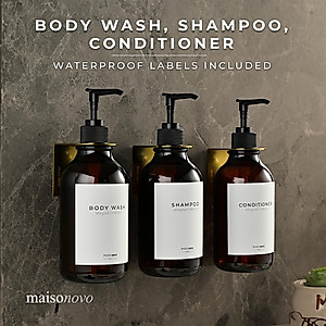 MaisoNovo Shampoo and Conditioner Dispenser with Wall Mounts - 3 Amber Plastic Bottles Black Pump - 4 Mixed Pack Foaming Hand Soap Refill Tablets