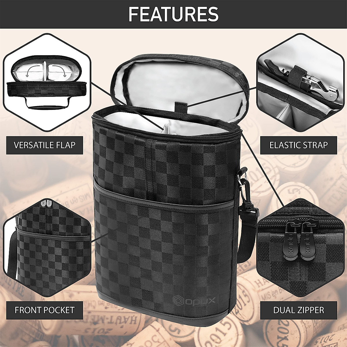 OPUX 2 Bottle Wine Carrier Tote, Insulated Leakproof Wine Cooler Bag, Wine Travel Bag Tote for Picnic BYOB Beach, Portable Wine Bottle Carrying Case, Gift for Wine Lover Women Men Christmas