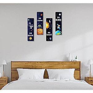 4 Pieces Space Decor Wooden Hanging Wall Plaques, Outer Space Theme Room Wall Art Decor, Boys Bedroom Decor Space Motivational Quote for Baby Kids Classroom Nursery