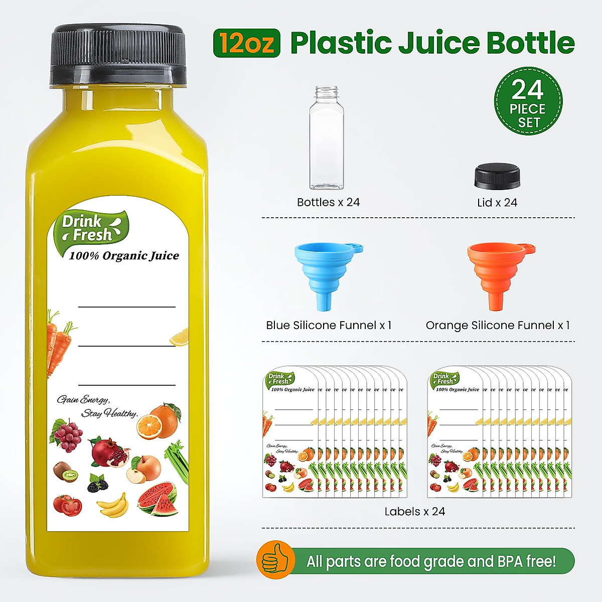 24 PACK, 12 OZ Reusable Plastic Juice Bottles with Caps, Plus 24 Labels & 2 Silicone Funnels - Clear Juicing Bottles for Juice, Smoothies, Ginger, Tea, Coffee - Food Grade & Leakproof Travel Bottles