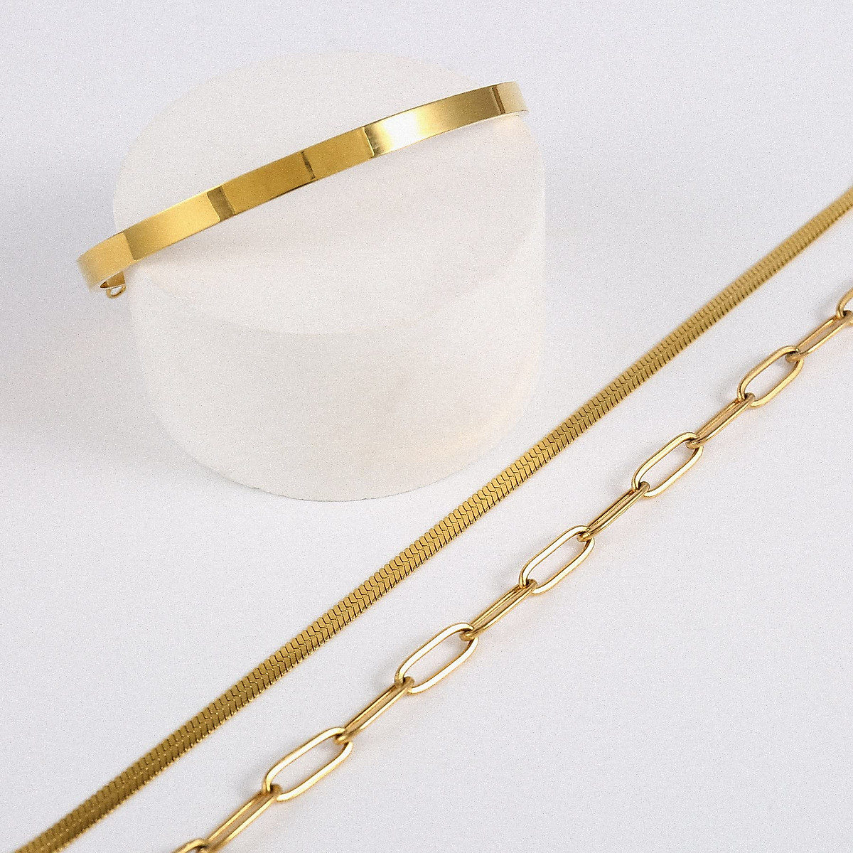 Layered Gold Chain 18K Gold Plated Herringbone Non-Tarnish Dainty Paperclip Stackable Stainless Steel Flat Snake Link Bracelet for Women Jewelry Set