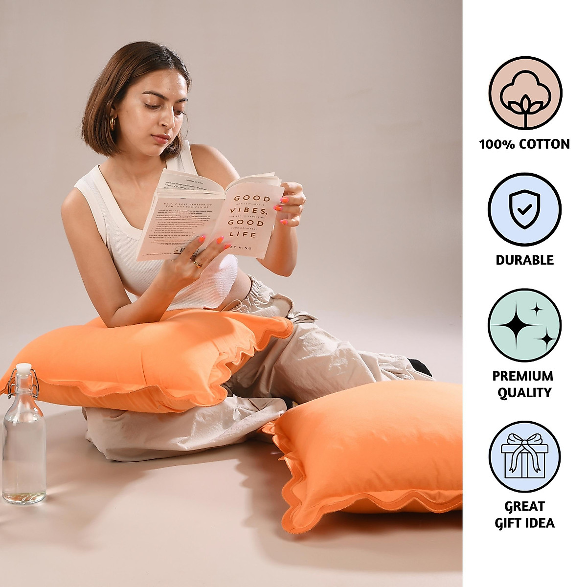 Folkulture Throw Pillow Covers 18x18, Throw Pillow for Couch Pillows for Living Room, Orange Throw Pillow Covers, Set of 2 Boho Throw Pillows, Accent Pillows, Decorative Pillow, Scalloped Pillow Cover