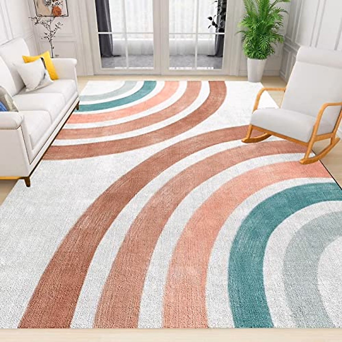 Nordic Rainbow Abstract Geometric Area Rugs, Boho Rainbow Geometric Easy Clean Rug, Soft Non-Skid Carpet Throw Rug for Kids Teen Girls Boys Bedroom, Living Room Bathroom Classroom Office 4ftx6ft
