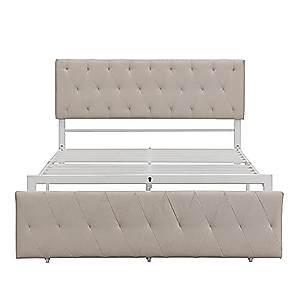 MERITLINE Full Size Metal Bed, Platform Bed Frame with Upholstered Headboard and Footboard, Platform Bed with Drawer Storage No Box Spring Needed ( Beige)