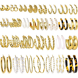 30 Pairs Gold Earrings Set for Women, Fashion Pearl Chain Link Stud Drop Dangle Earrings Multipack Hoop Earring Packs, Hypoallergenic Earrings for Birthday Party Jewelry