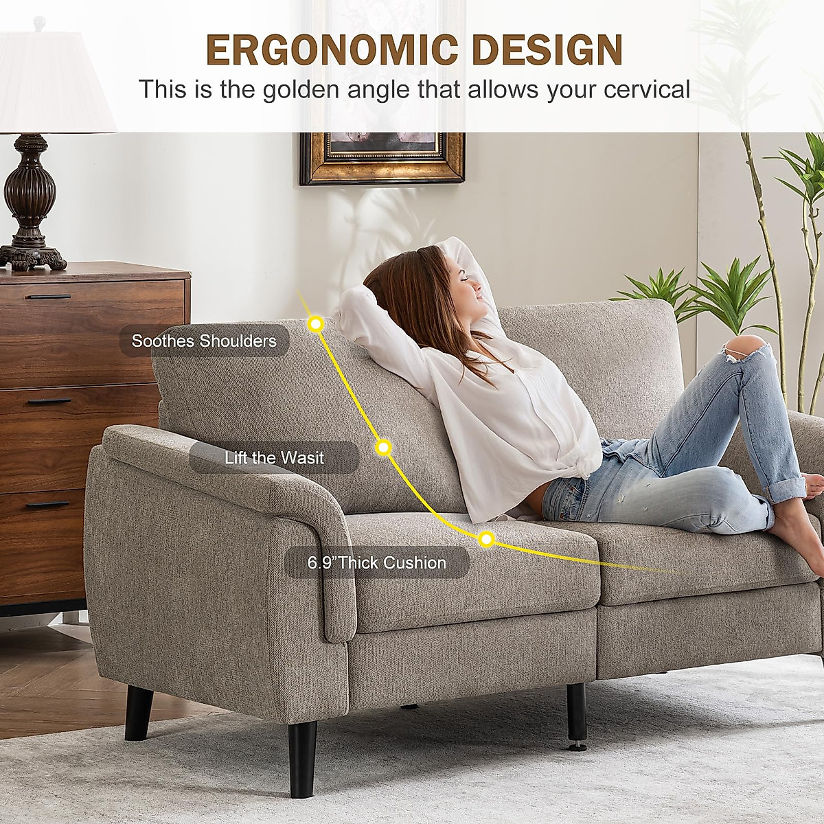 CDCASA Loveseat Sofa, Linen Fabric Mid Century Modern Love Seats Couches, Upholstered 2-Seater Sectional Sofa Small Couch w/Wood Legs for Living Room, Bedroom, Small Space, 1PCS, Light Brown