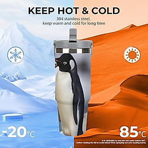 30oz Stainless Steel Insulated Tumbler with Flip Lid & Straw, Leakproof Travel Mug for Car, I Love Penguins Double Wall Vacuum Thermal Coffee Cup with Handle, Spill-Proof Design for Hot/Cold Drinks