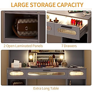 Vlsrka Vanity Desk with Mirror and Lights, 43" Large Makeup Vanity Set with Charging Station, Power Outlets, Vanity Table with Light Bulbs, 3 Colors Lighting Modes, Adjustable Brightness (Grey)