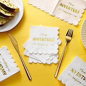 Sayglossy 100 Pcs Baby Shower Napkins the Adventure Begins White Scalloped Gold Foil Paper Napkins for Baby Shower Decorations Disposable Cocktail Napkins for Wedding Graduation Party, 5 x 5 In