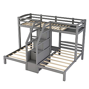 Bellemave Twin Over Twin Bunk Bed for 3, Wood Triple Bunk Beds with Stairs, 3 Bunk Beds with Storage for 3 Kids, Boys, Girls, Teens, Adults No Box Spring Needed (Gray)
