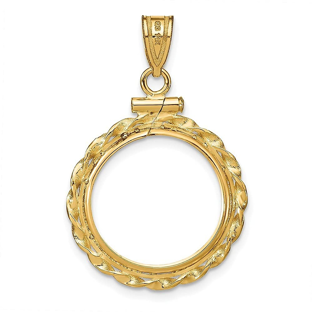 Roy Rose Jewelry Gold Coin Bezel Mounting | 1/10 oz. American Eagle Coin | 16.5mm Coins | Screw Top | Twisted Ribbon, Beaded, Rope Border Fancy Bezel Frames | Solid 14K Gold