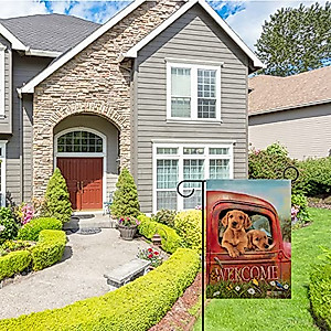 Covido Home Decorative Welcome Spring Dog Golden Retriever Garden Flag, Summer Red Truck Yard Puppy Outside Decoration, Outdoor Small Burlap Decor Double Sided 12x18