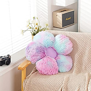 UGEYAO Faux Fur Flower Pillow,Flower Shaped Throw Pillow Butt Cushion Flower Floor Pillow,Seating Cushion,Cute Room Decor & Plush Pillow for Bedroom Sofa Chair (19.7 Inches, Rainbow Purple)