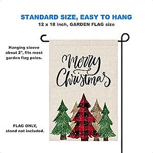 Merry Christmas Garden Flag Buffalo Plaid Tree 12x18 Double Sided, Rustic Xmas Farmhouse Seasonal Holiday Small Mini Burlap Yard Flag for Outside Outdoor Decoration
